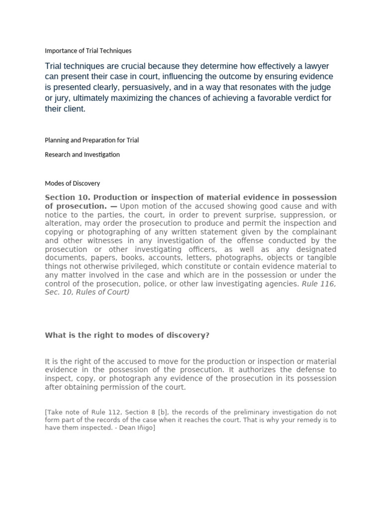 Importance Of Trial Techniques Pdf Discovery Law Prosecutor