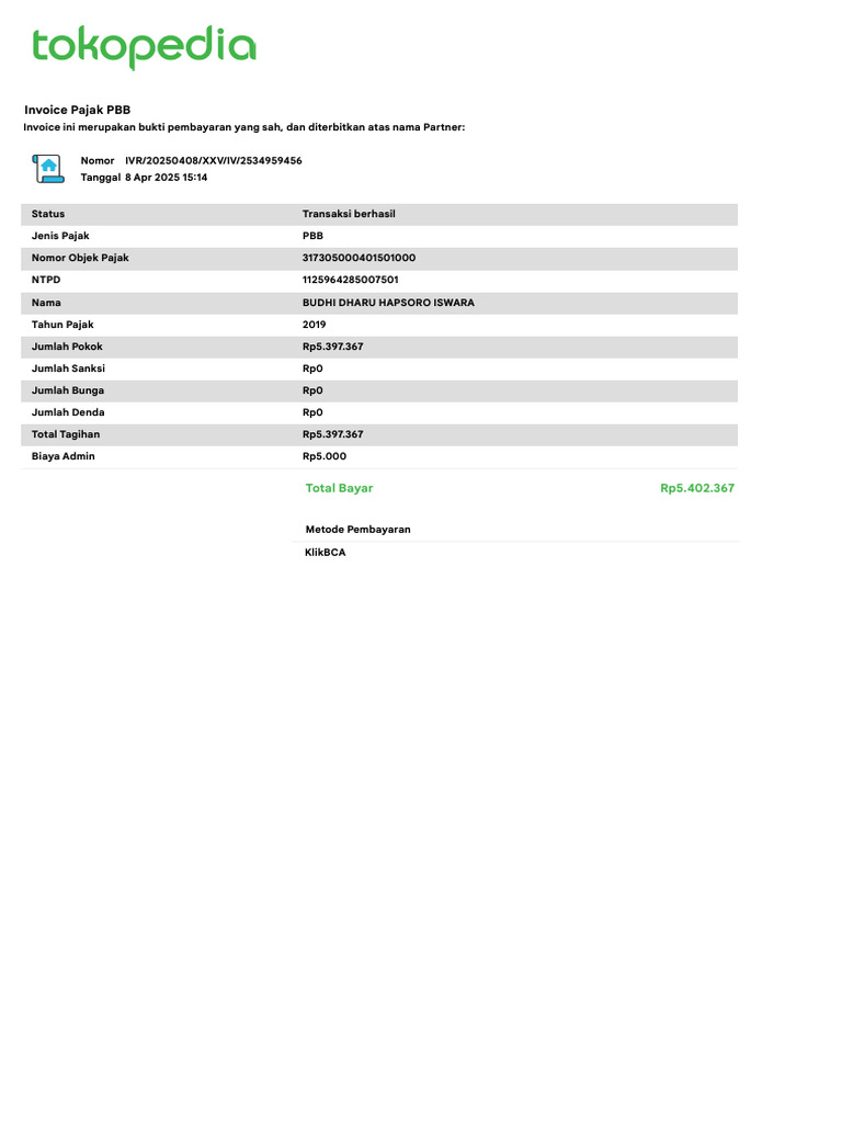 Bukti Bayar PBB Bjago 2019 | PDF