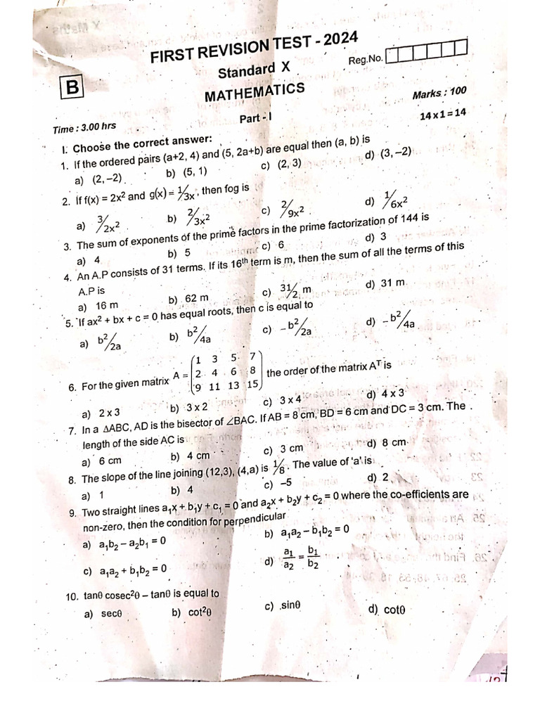 10th Maths EM First Revision Exam 2024 Question Paper Ranipet District English Medium PDF ...