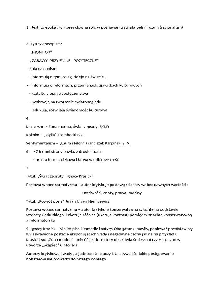 Oświecenie Cechy 1 | PDF