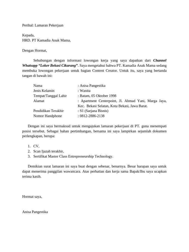 Cover Letter - Anisa Pangestika | PDF