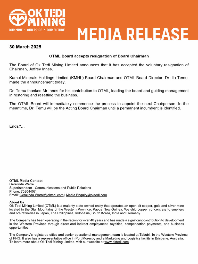 OTML Chairman Resignation Announcement | PDF