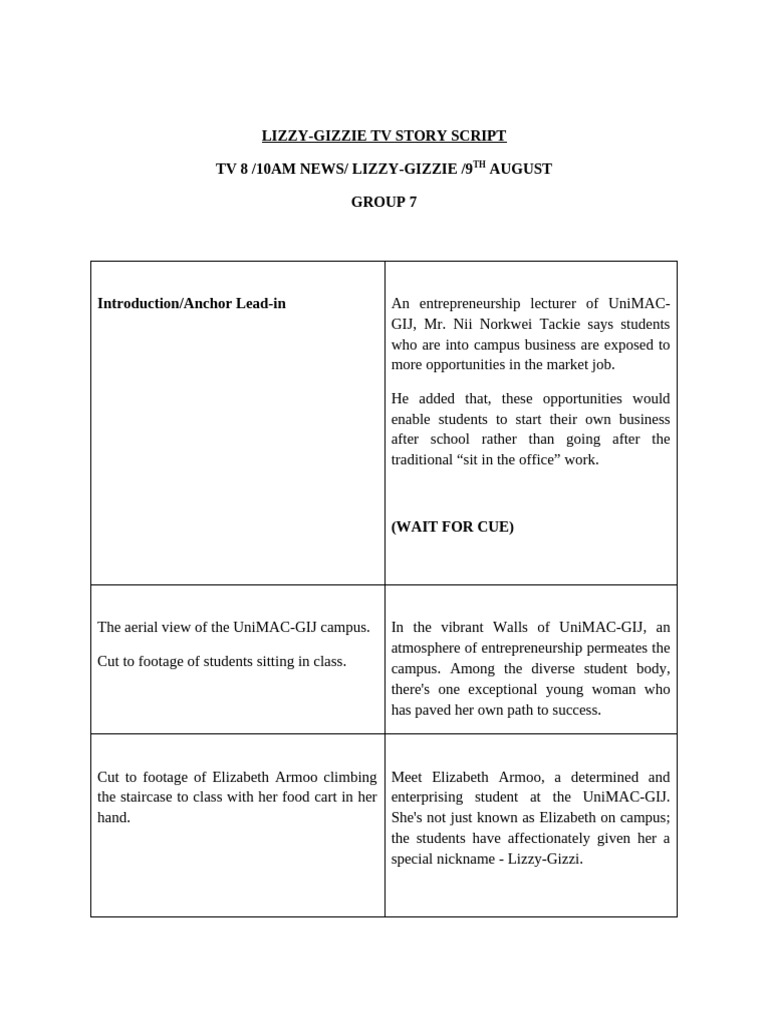 Lizzie-Gizzie TV Script - Group 7 | PDF