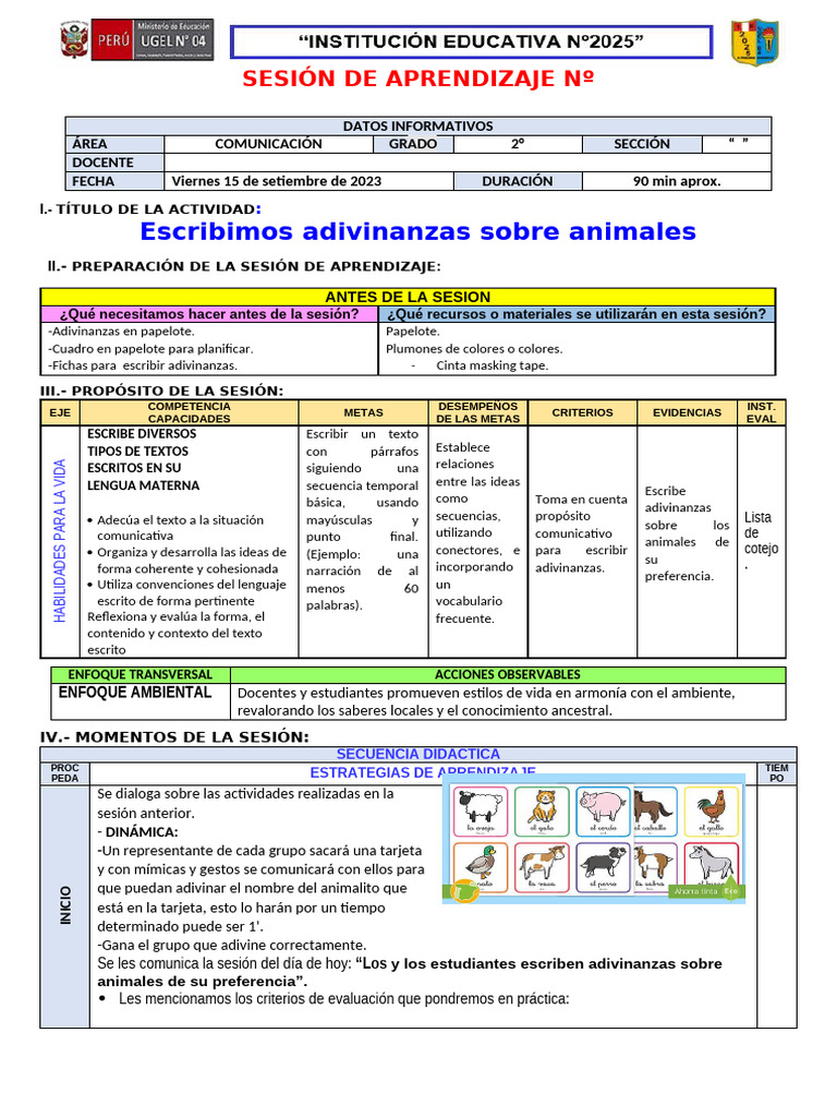 SC Escribimos Adivinanzas Animalitos S1 | PDF | Aprendizaje