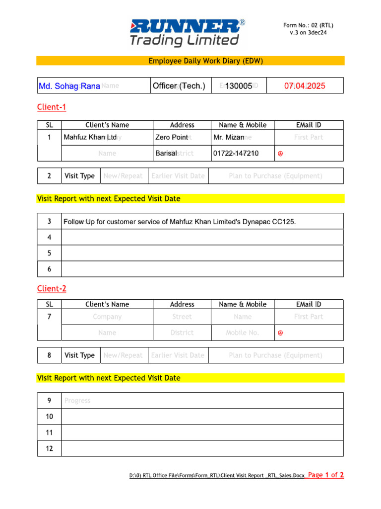 Daily Work Diary - Sohag - SVC - 07 April-25 | PDF
