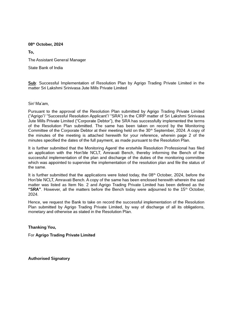 Letter To SBI - Successful Implementation of Plan - Sri Lakshmi | PDF