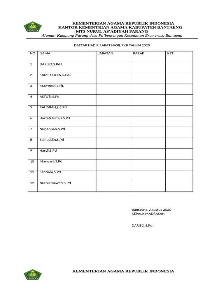 Daftar Hadir Notulen Rapat Hasil Supervisi Program PKB | PDF
