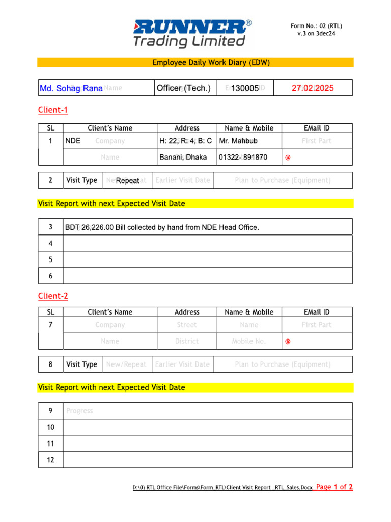 Daily Work Diary - Sohag - SVC - 27 Feb-25 | PDF