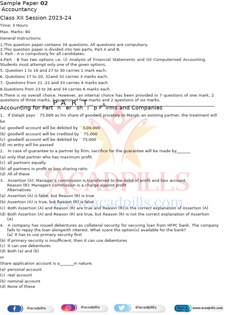 Class XII Accountancy Sample Paper 2023 | PDF | Balance Sheet | Fixed Asset