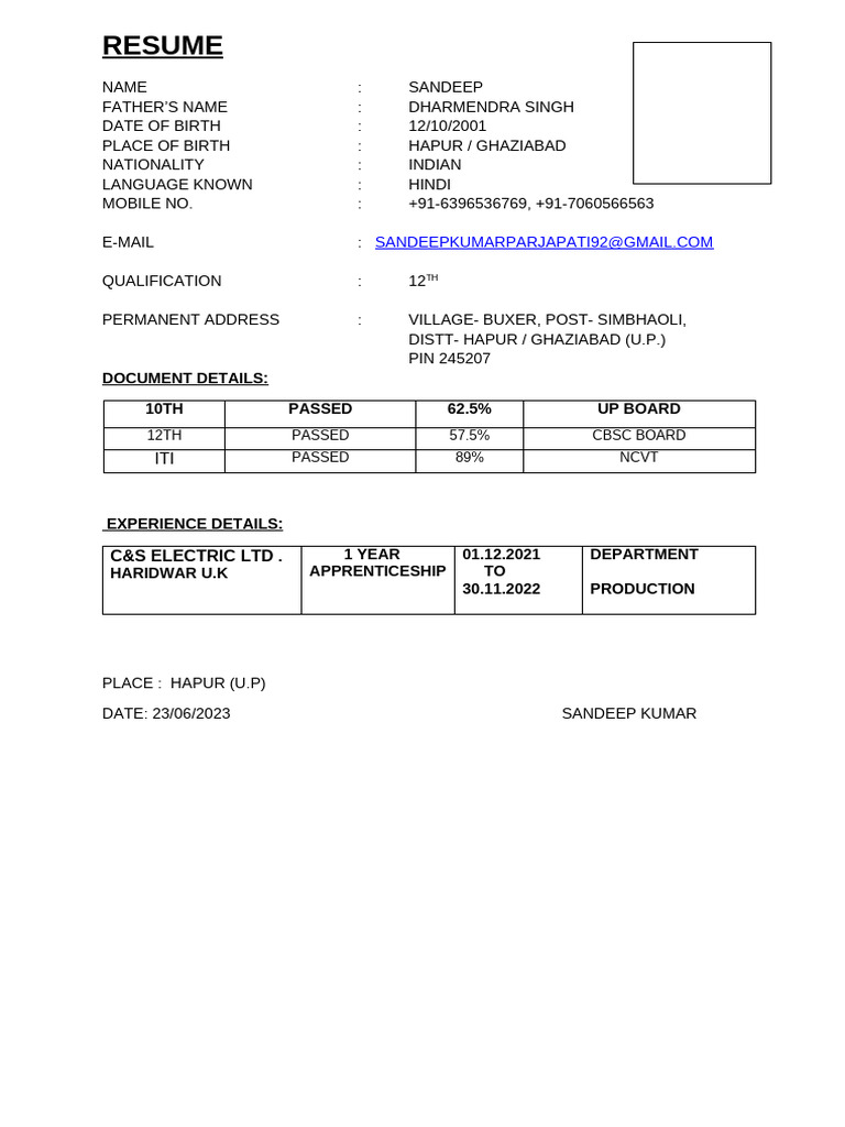 Resume: Document Details: 10TH Passed 62.5% Up Board | PDF