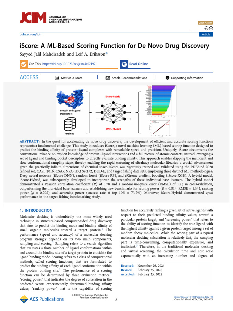 Mahdizadeh Eriksson 2025 Iscore A ML Based Scoring Function For de Novo Drug Discovery | PDF ...