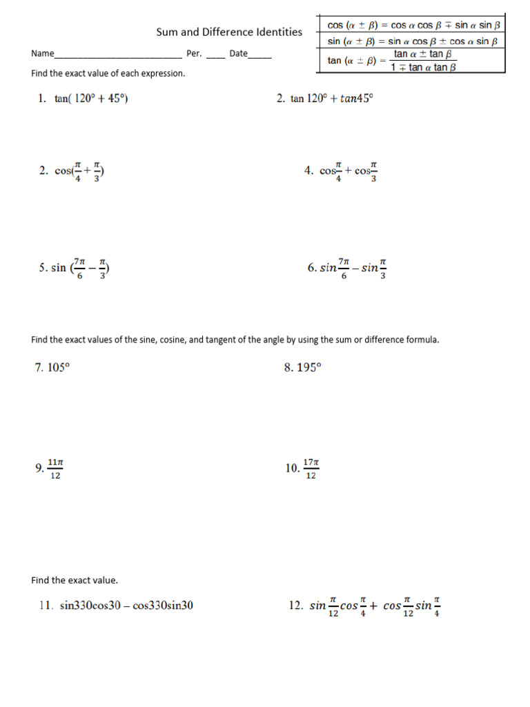 Sum and Difference Identities in Trigonometry | PDF