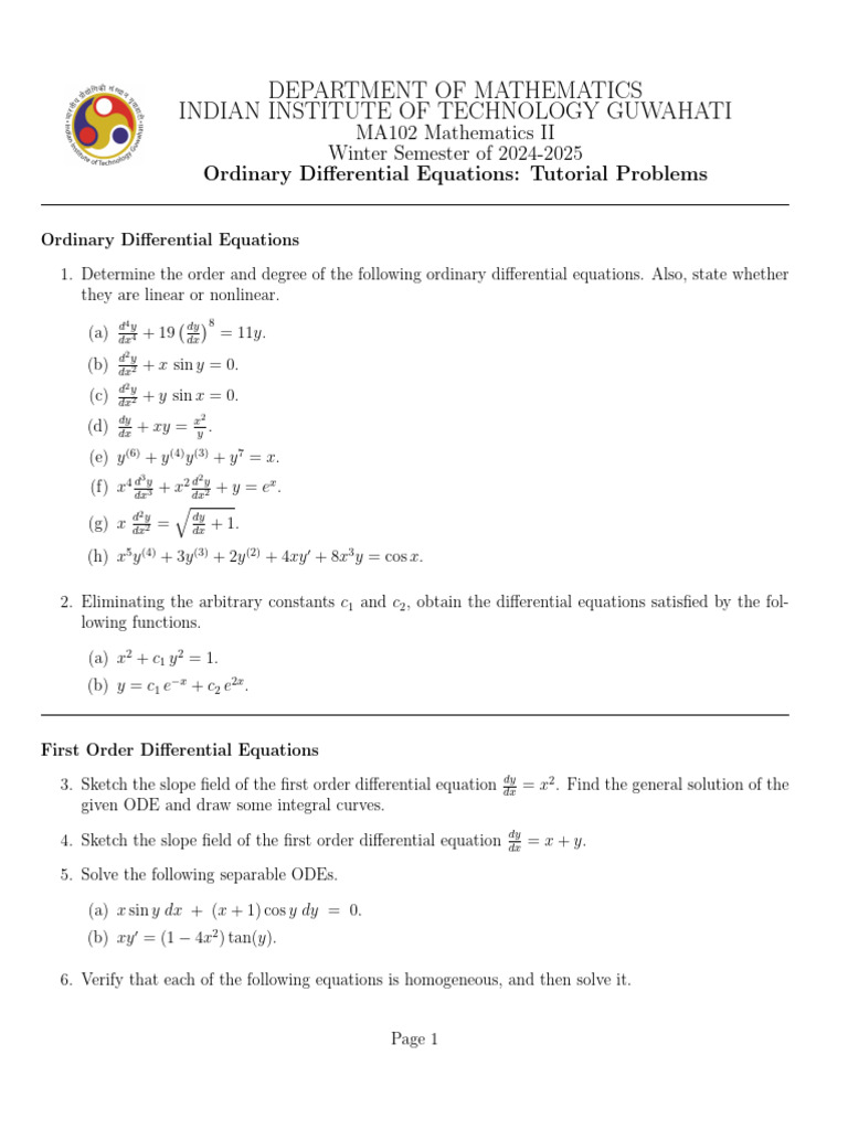 MA102-2025-ODE-Tutorials | PDF | Ordinary Differential Equation | Equations