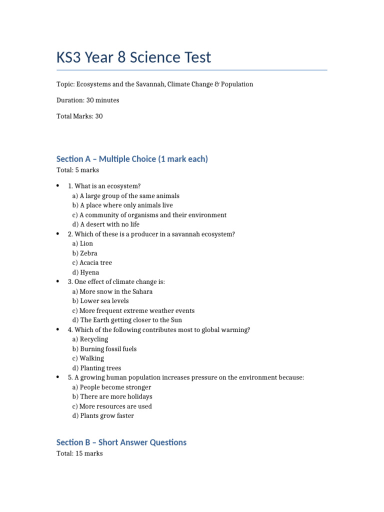 KS3 Year8 Ecosystems Test | PDF