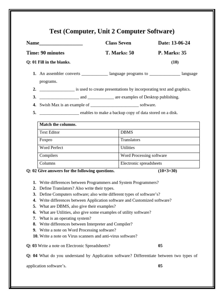 Class 7 Computer Unit 2 Exam Paper 2025 | PDF