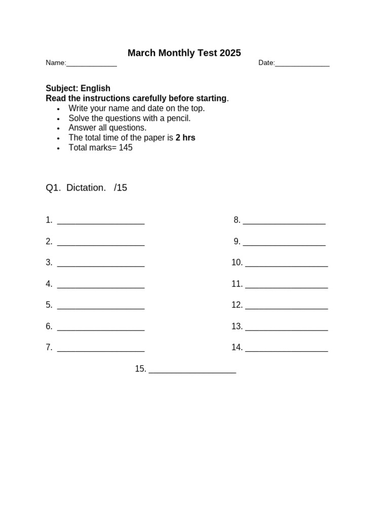 March Monthly Test 2025 English | PDF