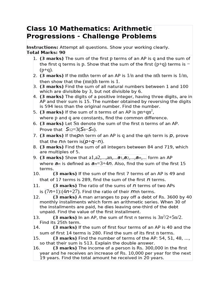 Class 10 Math: Arithmetic Progression Problems | PDF | Numbers | Arithmetic