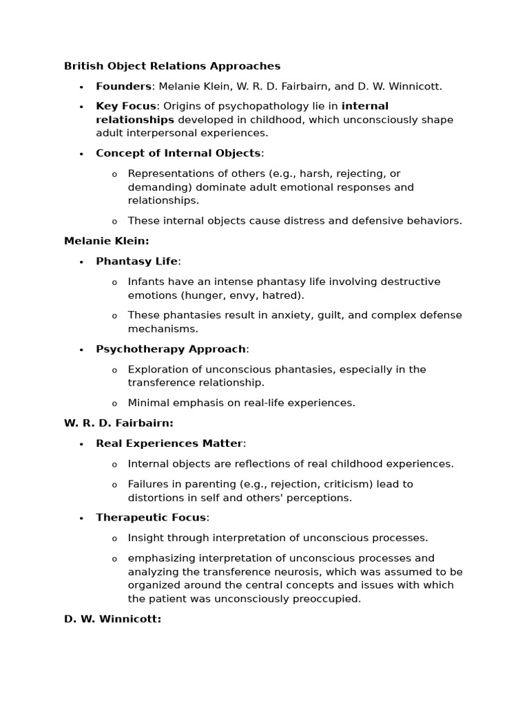 British Object Relations Approaches | PDF | Psychotherapy | Psychoanalysis