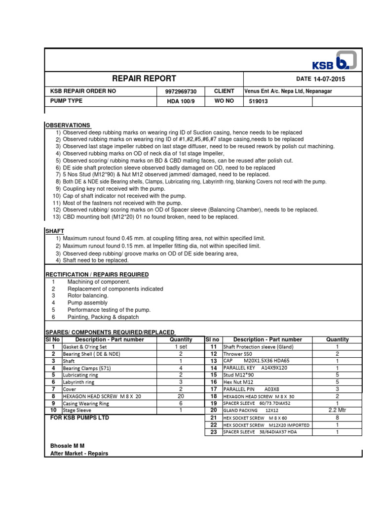 KSB Pump Repair Report for HDA 100/9 | PDF | Pump | Bearing (Mechanical)