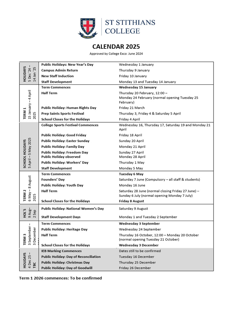 St Stithians School Calendar 2025 | PDF | Academic Term | Holidays