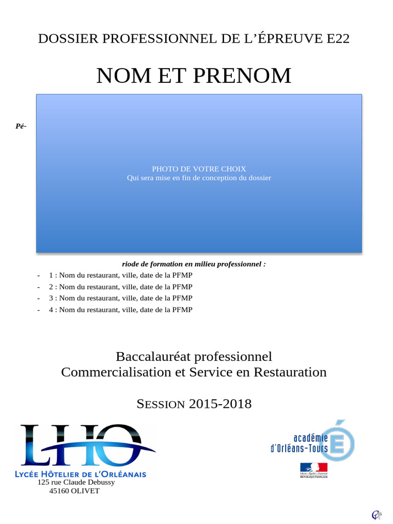 Dossier Professionnel Épreuve E22 Restauration | PDF