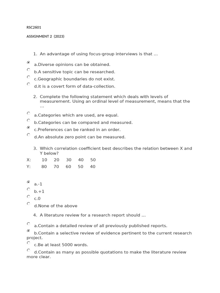 RSC2601 Assignment 2: Research Methods Quiz | PDF | Sampling (Statistics) | Science