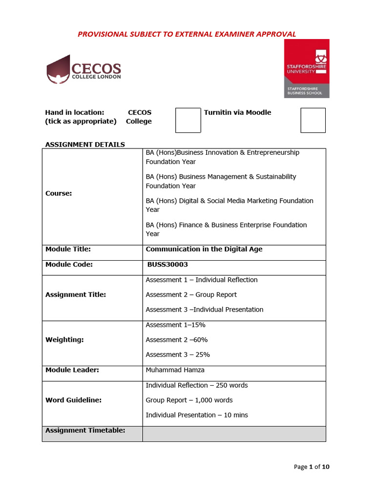 Assessment Brief Communication in The Digital Age (BUSS30003) | PDF ...