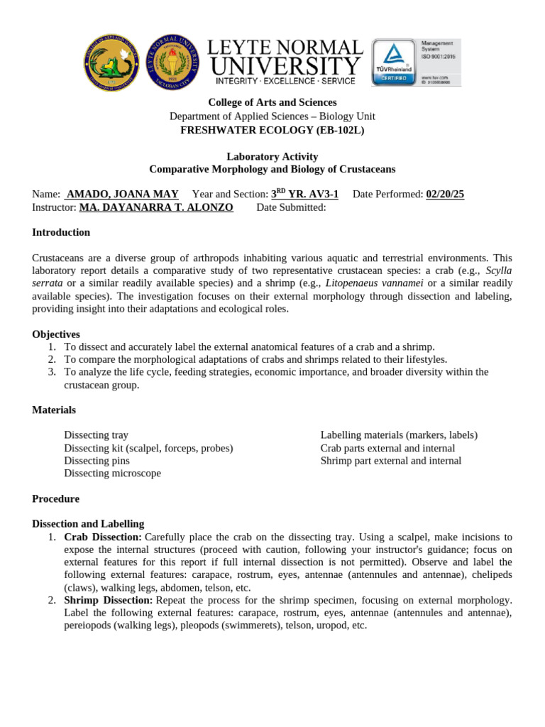 Lab Crustaceans (Autorecovered) | PDF | Shrimp | Conservation Biology