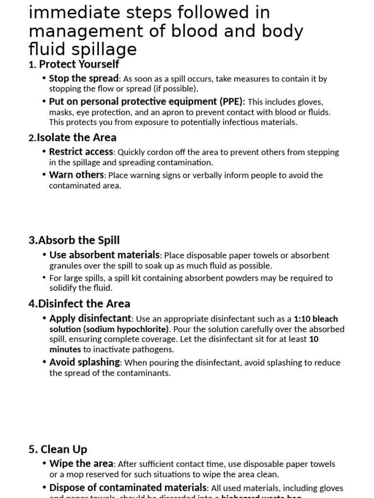 immediate steps followed in management of blood and body fluid spillage ...