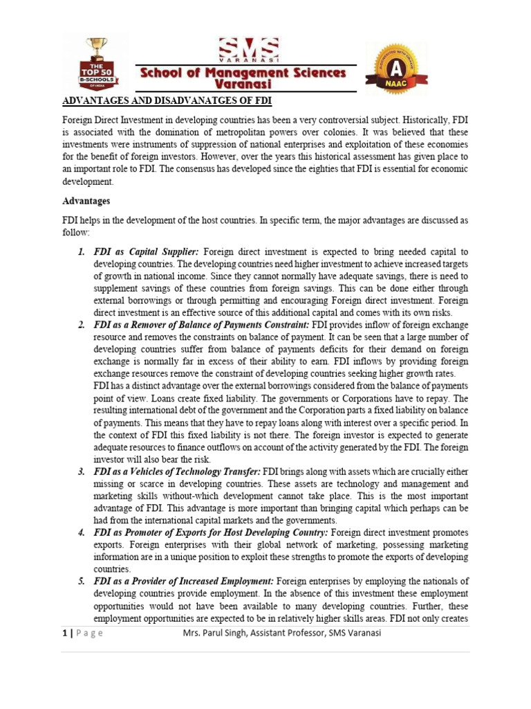 FDI- Types, Advantages and Disadvantages | PDF | Foreign Direct Investment | Balance Of Payments