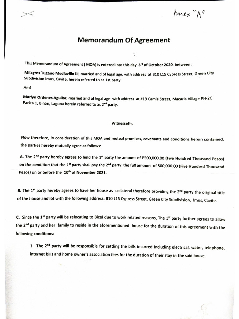 Annex A - Memorandum of Agreement | PDF