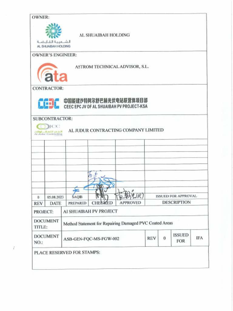 ASB1-GEN-FQC-MS-FGW-002-0-Method Statement For Reparing Damaged PVC Coated Areas | PDF
