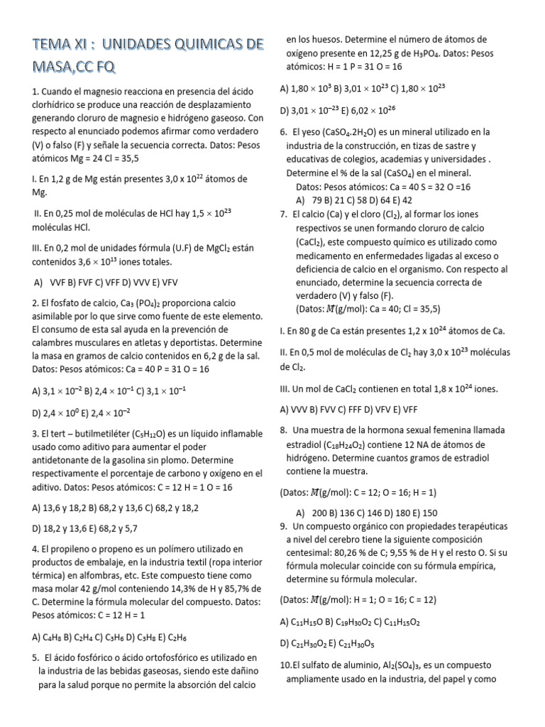 Tema Xi Unidades Quimicas de Masa Pre San Marcos | PDF | Magnesio | Ácido clorhídrico