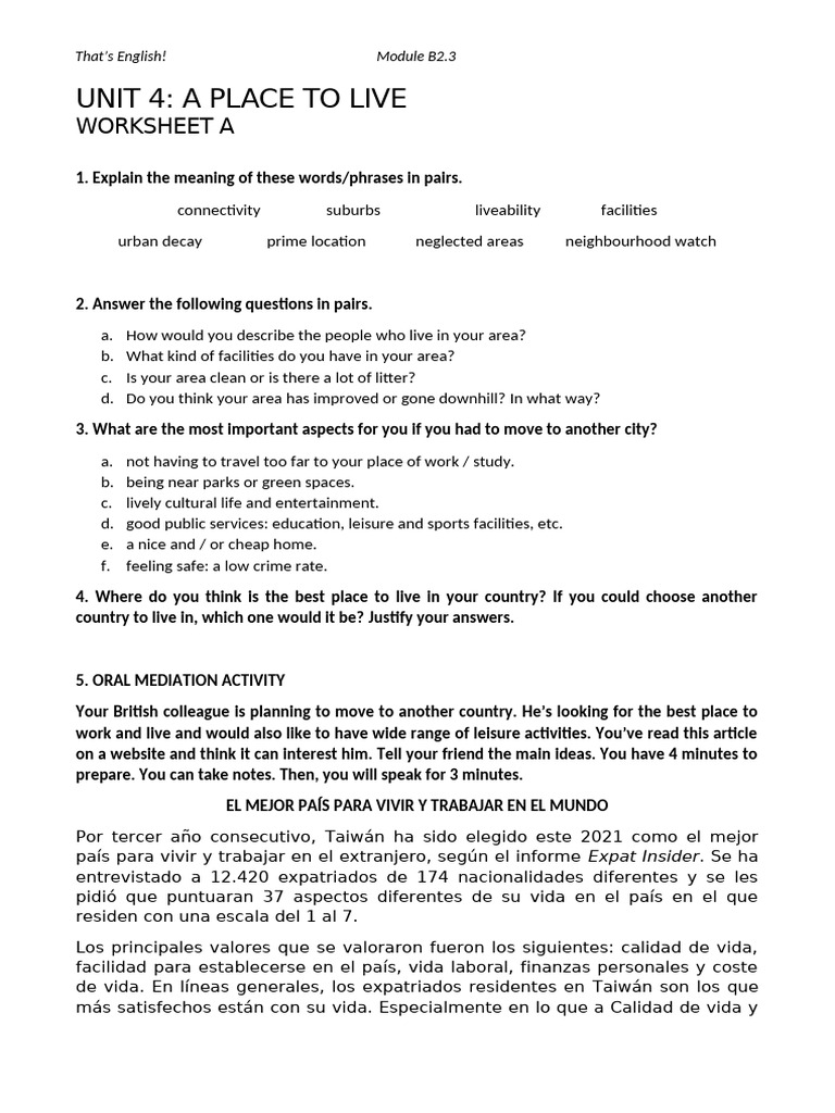 Unit 4A. A Place To Live | PDF