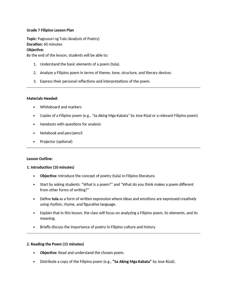 Analyzing Filipino Poetry in Grade 7 | PDF | Poetry | Human Communication