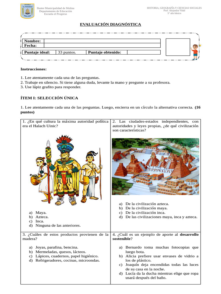 Evaluación Diagnóstica 5° Básico Historia y Ciencias | PDF | Chile ...