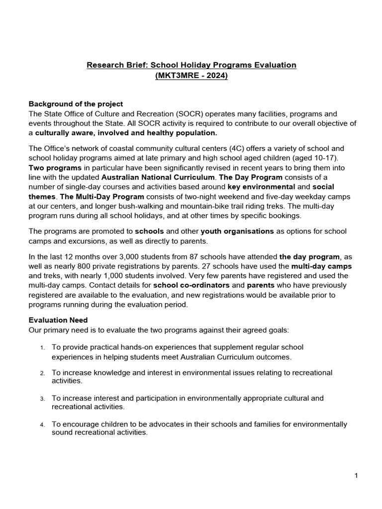 Research Brief - Holiday Programs Brief | PDF | Evaluation | Budget