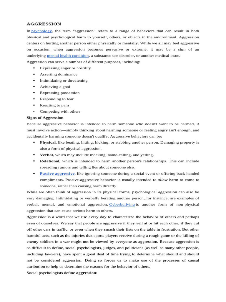 AGGRESSION, Types, Causes and Prevention | PDF | Aggression | Violence