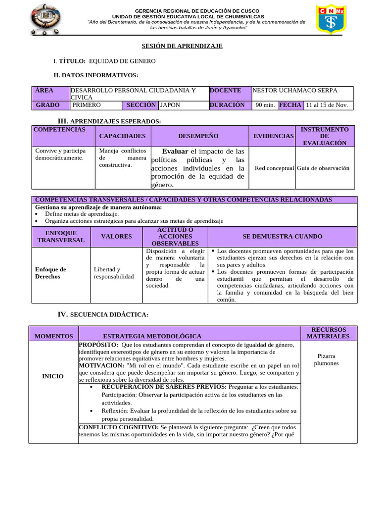 Sesion de Aprendizaje 1 EQUIDAD DE GENERO - DPCC | PDF | Aprendizaje | Enseñando