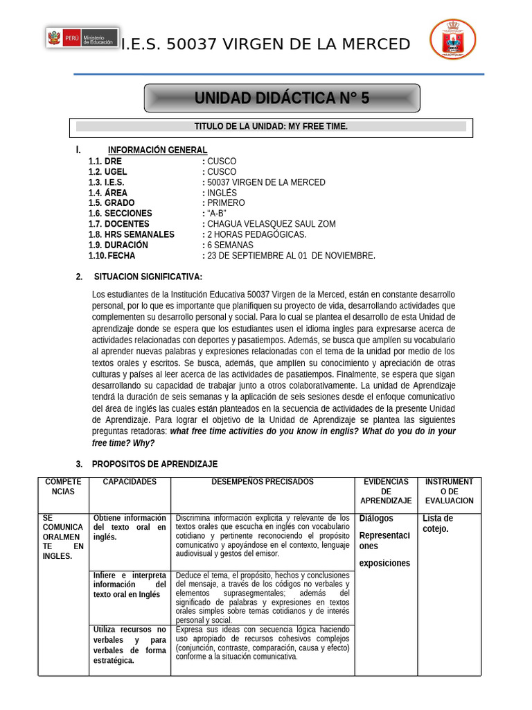 Ingles - Unidad 5 Primer Grado VM | PDF | Evaluación | Aprendizaje
