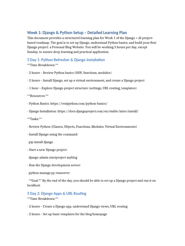 Django_Week1_Detailed_Plan | PDF | Python (Programming Language) | Databases