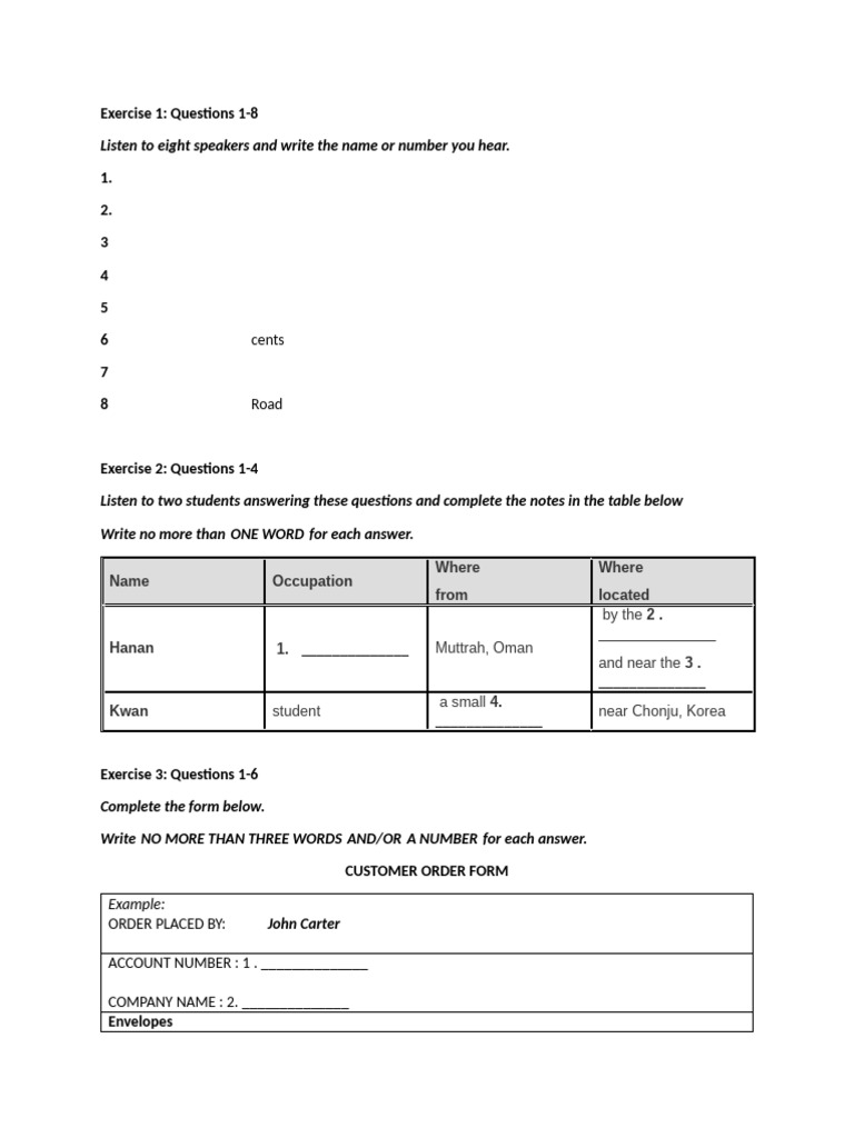 Listening Form Table Completion | PDF
