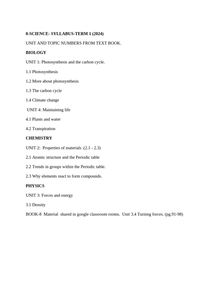 8th Grade Science Syllabus Term 1 2024 | PDF