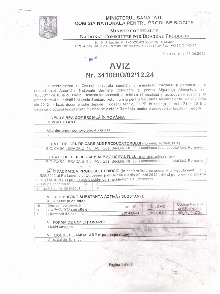 Aviz Biocide Hipoclorit | PDF