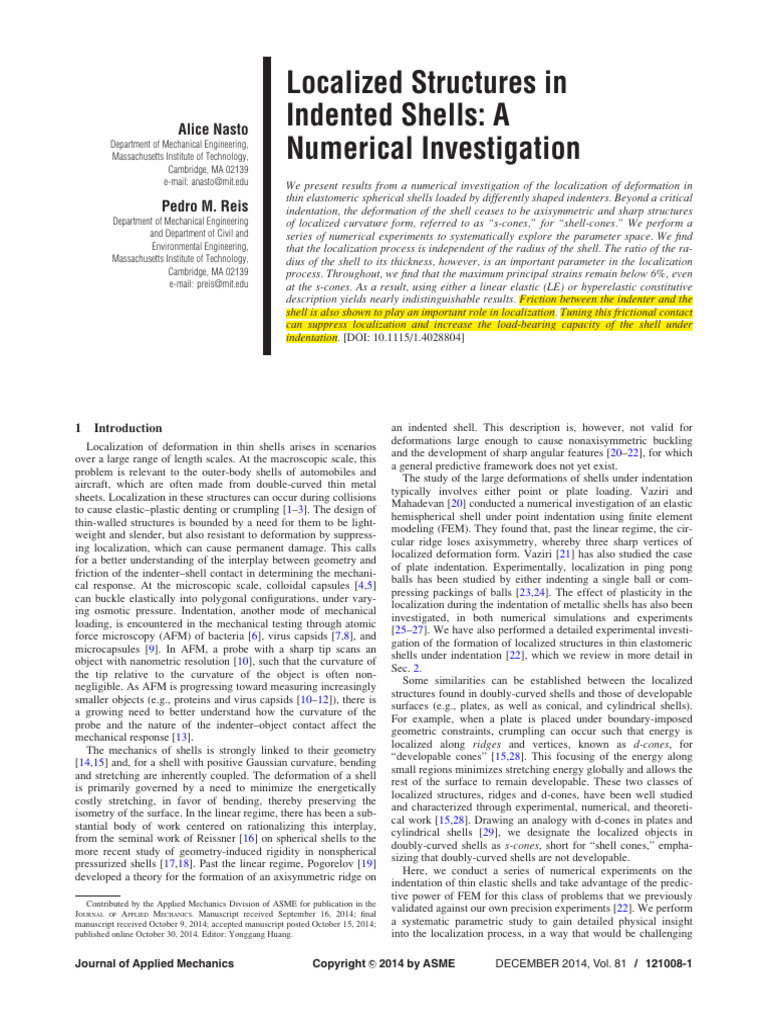 A. Nasto, Localized Structures in Indented Shells - A Numerical Investigation, J.App - Mec, 2014 ...