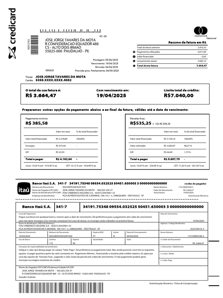 Fatura de Cartão de Crédito - José Mota | PDF | Juros | Crédito rotativo