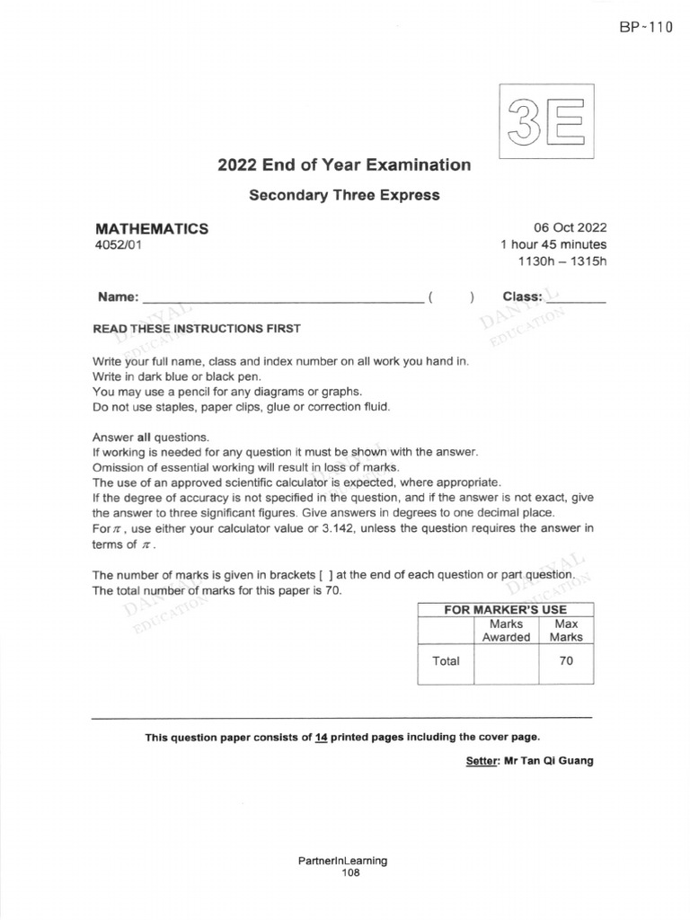 Canberra Secondary E Math Sec 3 Group 3 EOY 2022 | PDF | Elementary ...