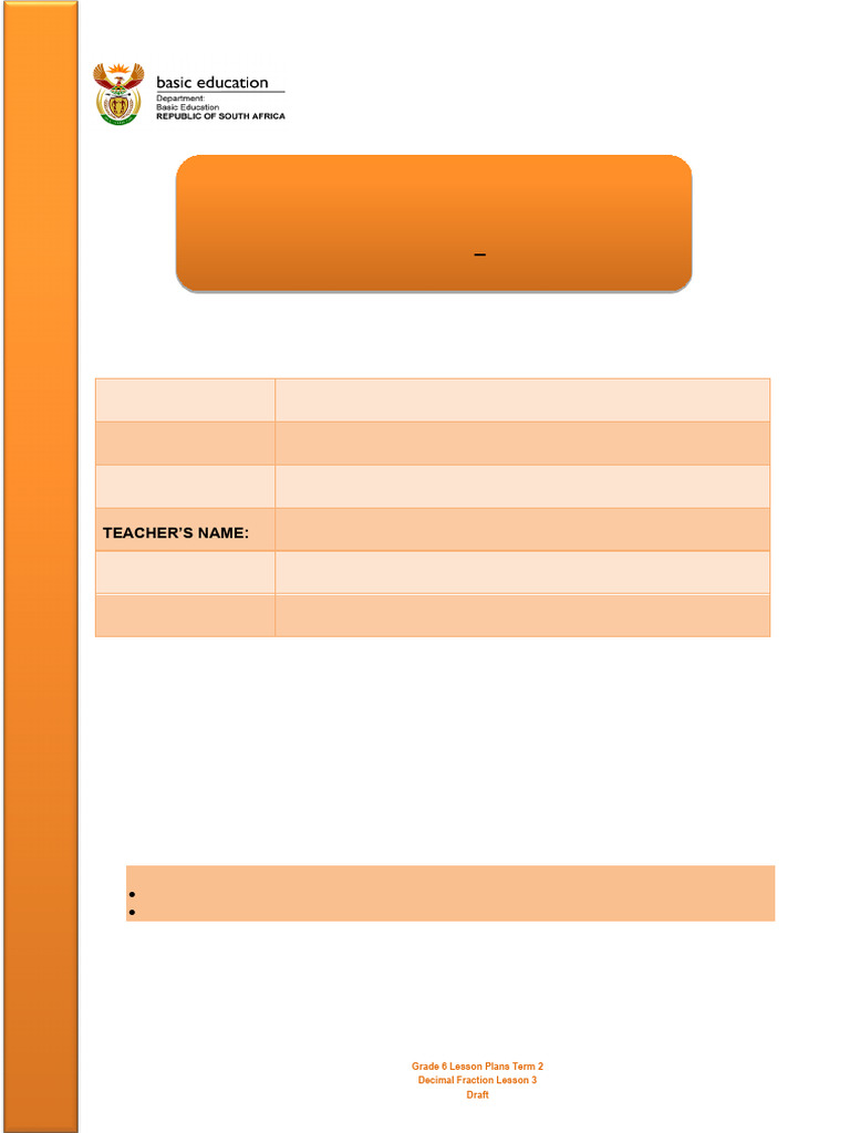 Grade 6 Decimal Fractions Lesson Plan | PDF | Decimal | Homework
