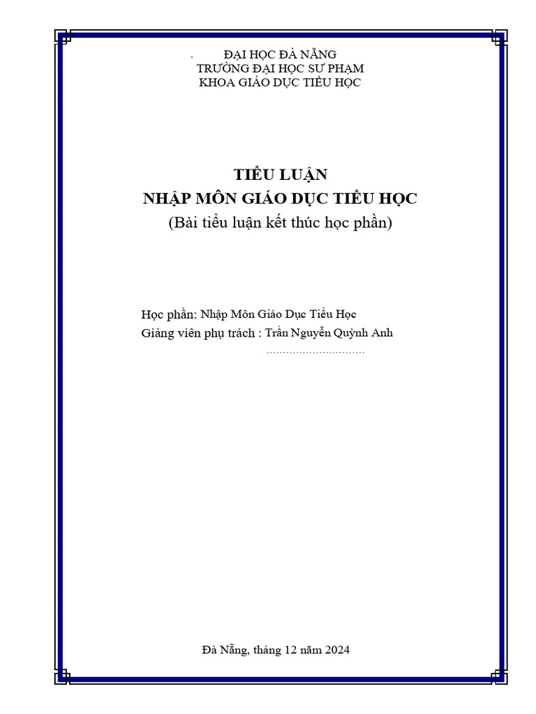 Lớp 24DTH - Nguyễn Thị Hằng Nga - Tiểu Luận Nhập Môn GDTH (Trang Bìa) | PDF
