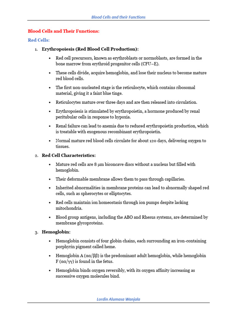Lec 2 Blood Cells and Function | PDF | Coagulation | Red Blood Cell